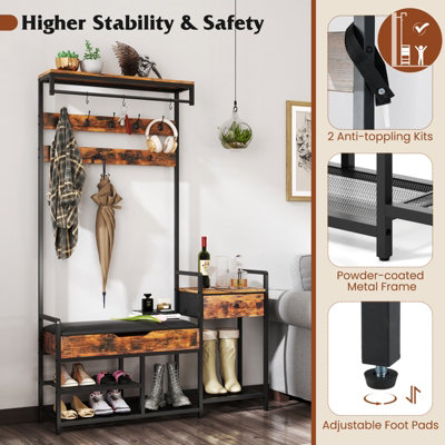 COSTWAY Industrial Hall Tree with Shoe Storage Bench Freestanding Coat Rack