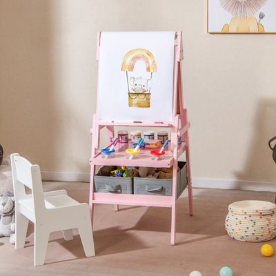 Costway Kid Easel Double-sided Kids Easel with Magnetic Whiteboard-Pink