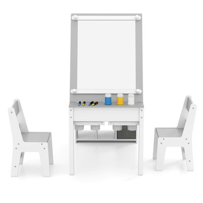 COSTWAY Kids Active Play Art Table & Chairs Set w/ Paper Roll-Grey