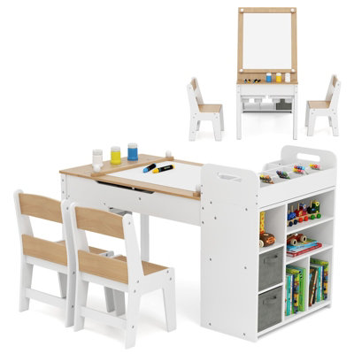 COSTWAY Kids Active Play Art Table & Chairs Set w/ Paper Roll-Natural