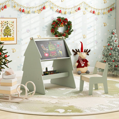 COSTWAY Kids Art Easel w/ Stool Double-sided Chalkboard & Chair Combo ...