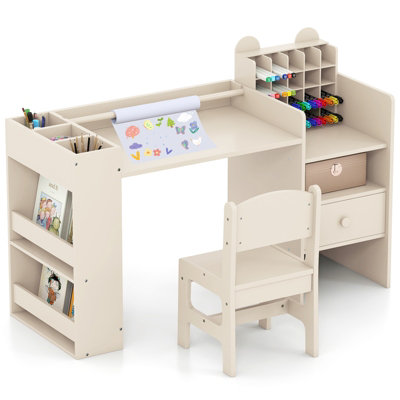 COSTWAY Kids Art Table & Chair Set Toddler Painting Study Desk with ...