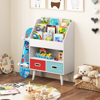 COSTWAY Kids Bookshelf Wooden Children Book Display Rack W/ 2 Foldable ...