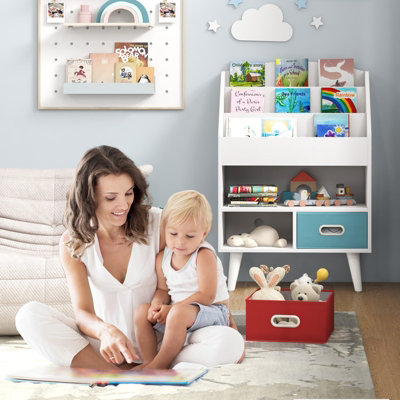 COSTWAY Kids Bookshelf Wooden Children Book Display Rack W/ 2 Foldable ...