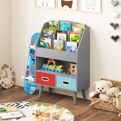 COSTWAY Kids Bookshelf Wooden Children Book Display Rack W/ 2 Foldable ...