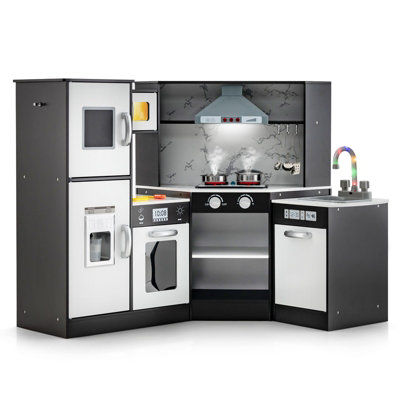 COSTWAY Kids Corner Kitchen Playset Wooden Pretend Play Kitchen w ...