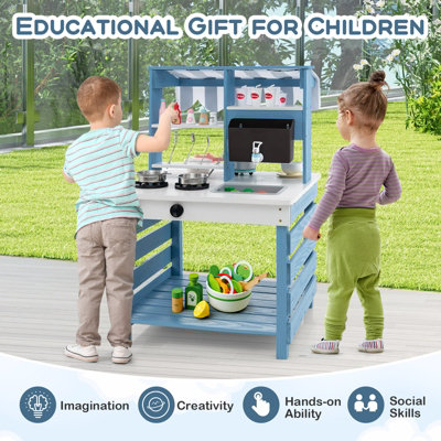 Costway Kids Fir Wood Mud Kitchen Playset Double-Sided Pretend Play Kitchen