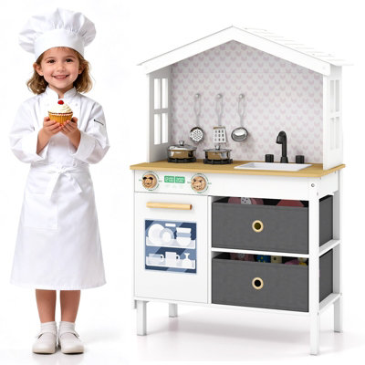 COSTWAY Kids Mini Play Kitchen House Shaped Toy Kitchen Playset-White