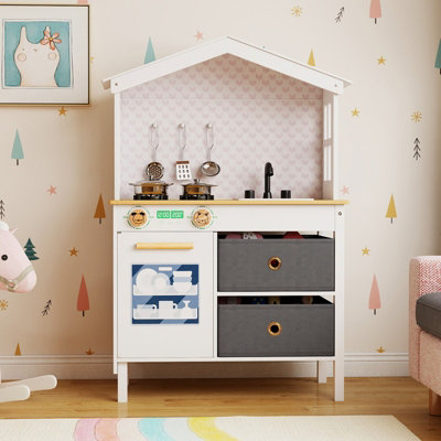 COSTWAY Kids Mini Play Kitchen House Shaped Toy Kitchen Playset-White