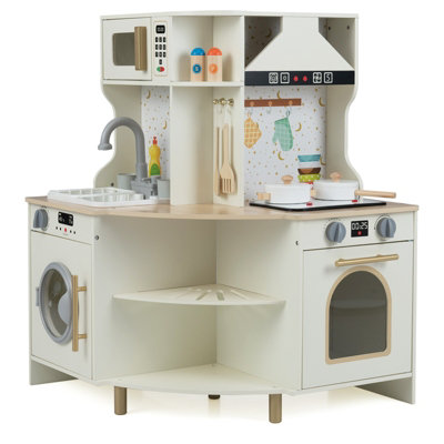 COSTWAY Kids Play Kitchen Wooden Corner Kitchen Playset w/ Working ...