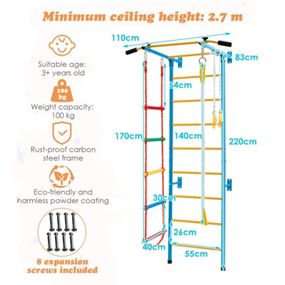 Costway Kids Steel Swedish Ladder Set Gymnastic Wall Gym Pull-up Bar ...