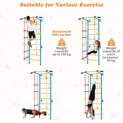 Costway Kids Steel Swedish Ladder Set Gymnastic Wall Gym Pull-up Bar ...