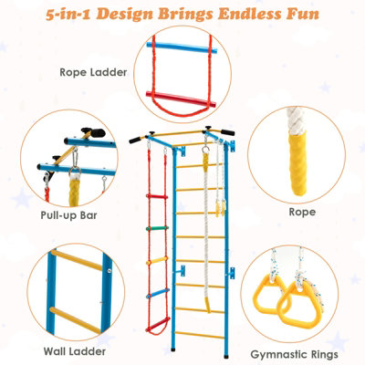 Costway Kids Steel Swedish Ladder Set Gymnastic Wall Gym Pull-up Bar ...