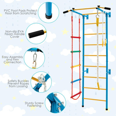 Costway Kids Steel Swedish Ladder Set Gymnastic Wall Gym Pull-up Bar ...