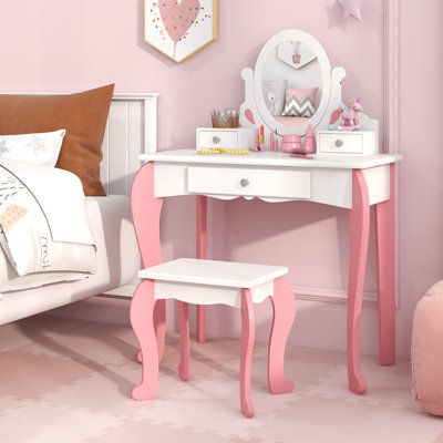 COSTWAY Kids Vanity Dressing Table and Chair Set w/ Detachable ...