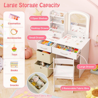 COSTWAY Kids Vanity Set Princess Makeup Desk and Chair w/ Lighted ...