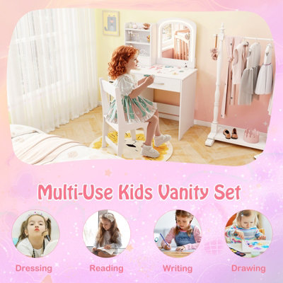 COSTWAY Kids Vanity Set Princess Makeup Desk and Chair w/ Lighted ...
