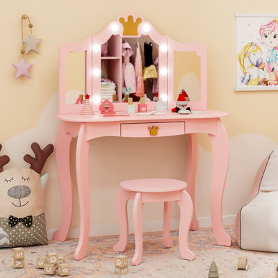 COSTWAY Kids Vanity Set Princess Vanity Table & Chair Set w/ Lighted ...