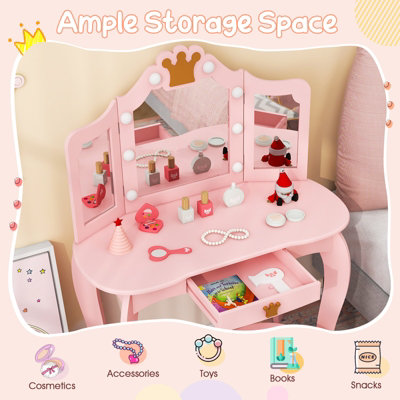 COSTWAY Kids Vanity Set Princess Vanity Table & Chair Set w/ Lighted ...
