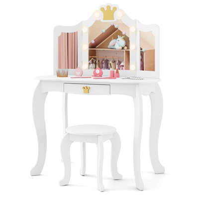 COSTWAY Kids Vanity Set Princess Vanity Table & Chair Set w/ Lighted ...