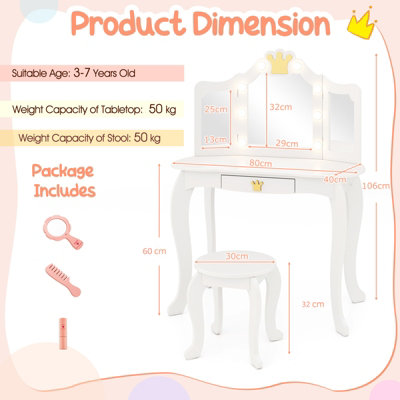 COSTWAY Kids Vanity Set Princess Vanity Table & Chair Set w/ Lighted ...