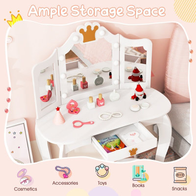 COSTWAY Kids Vanity Set Princess Vanity Table & Chair Set w/ Lighted ...