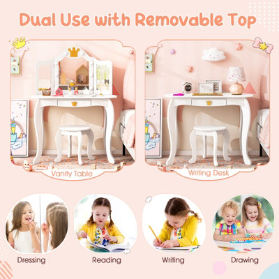 COSTWAY Kids Vanity Set Princess Vanity Table & Chair Set w/ Lighted ...