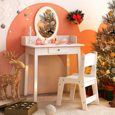 COSTWAY Kids Vanity Set w/ Lighted Mirror Makeup Dressing Table w/ Chair