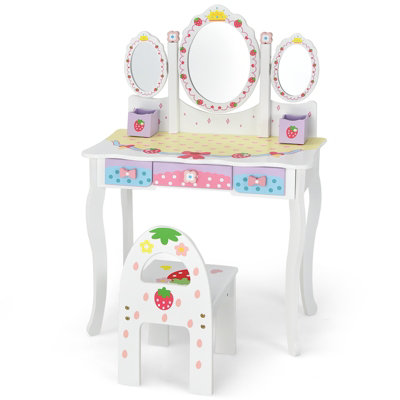 Costway Kids Vanity Table Chair Set Children Makeup Dressing Table w Tri fold Mirror