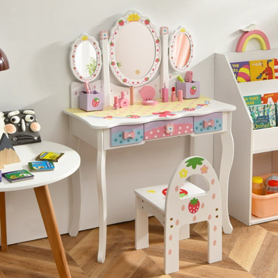 Costway Kids Vanity Table Chair Set Children Makeup Dressing Table w Tri fold Mirror