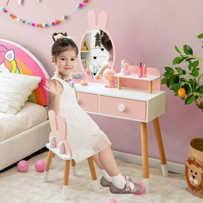 Costway Kids Vanity Table Chair Set Princess Makeup Dressing Table w Mirror