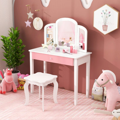COSTWAY Kids Vanity Table & Stool Set Pretend Makeup Dressing Table w ...