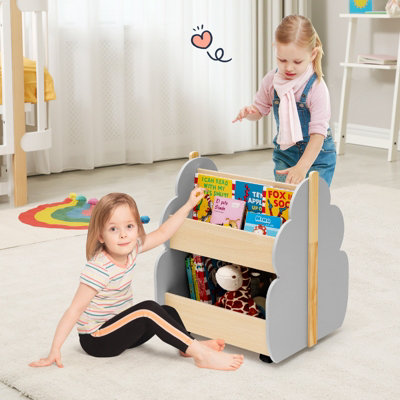 Costway Kids Wooden Bookshelf w Wheels 2 Tier Toy Storage Shelf Double sided Bookcase
