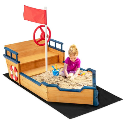 Costway Kids Wooden Sandbox Pirate Ship Play Boat w/ Flag Rudder ...