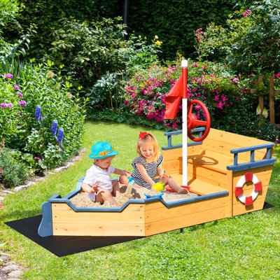 Costway Kids Wooden Sandbox Pirate Ship Play Boat w/ Flag Rudder ...