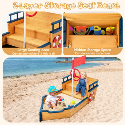 Costway Kids Wooden Sandbox Pirate Ship Play Boat w/ Flag Rudder ...