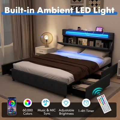 COSTWAY King Size Bed Frame LED Lighted Platform Bed w 4 Drawers Storage Headboard
