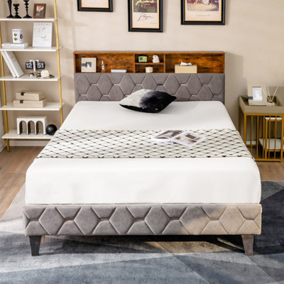 King size upholstered platform bed with storage store