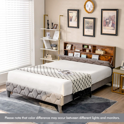 Costway King Size Bed Frame Upholstered Platform Bed Slat Support W Storage Headboard