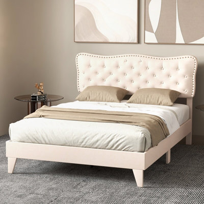 Costway King Size Bed Frame Wooden Slat Bed Platform w Upholstered Button Tufted Headboard