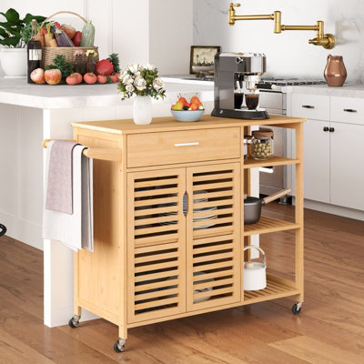 COSTWAY Kitchen Island Cart Bamboo Rolling Storage Sideboard-Natural