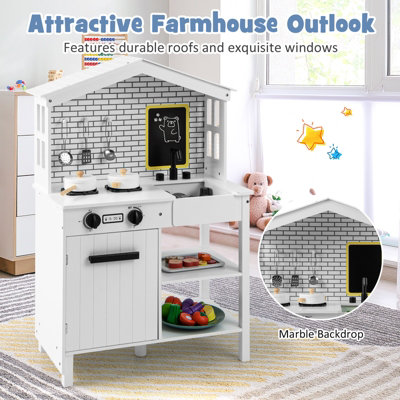 Costway Kitchen Playset Wooden Pretend Kitchen Toys Play Cooking Set with Blackboard