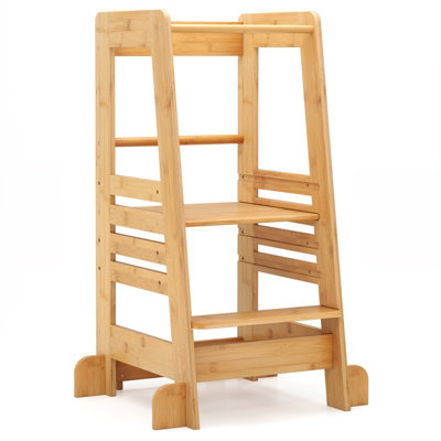 COSTWAY Kitchen Step Stool for Toddlers Bamboo Kids Standing Tower with ...