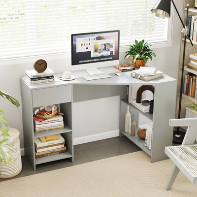 COSTWAY L-Shaped Computer Desk Compact Corner Executive Desk w/Storage-Grey
