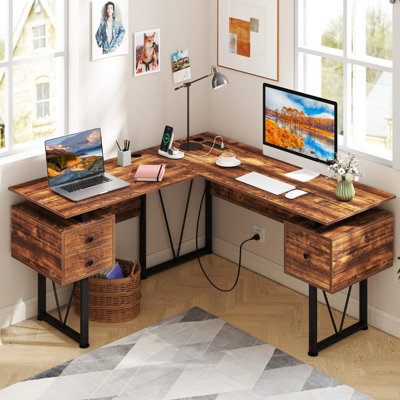 COSTWAY L-shaped Computer Desk w/ Power Outlets 150 CM Corner Desk with ...