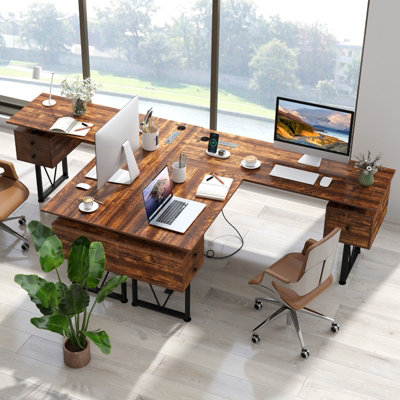 COSTWAY L-shaped Computer Desk w/ Power Outlets 150 CM Corner Desk with ...