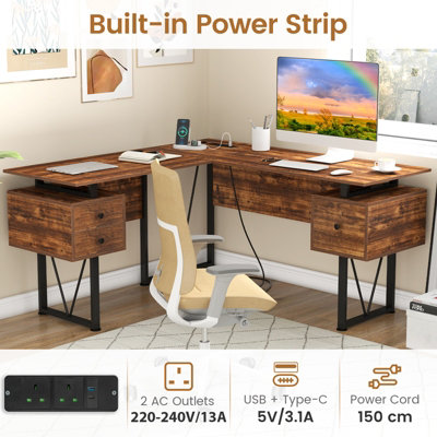 COSTWAY L-shaped Computer Desk w/ Power Outlets 150 CM Corner Desk with ...