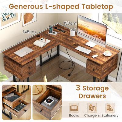 COSTWAY L-shaped Computer Desk w/ Power Outlets 150 CM Corner Desk with ...