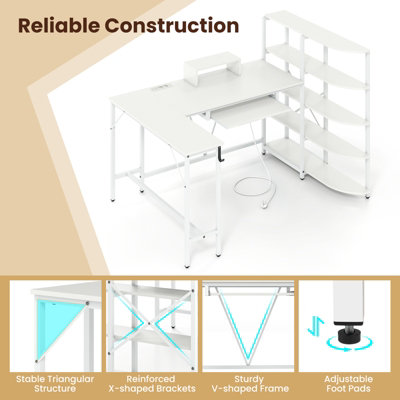 COSTWAY L Shaped Desk Corner Computer Desk with Storage Shelves-White