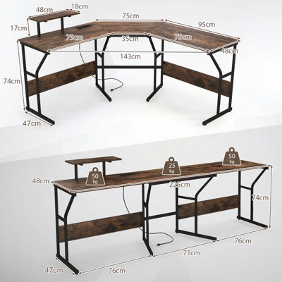COSTWAY L-shaped Desk Long 2-Person Corner Computer Desk w/ Monitor Stand